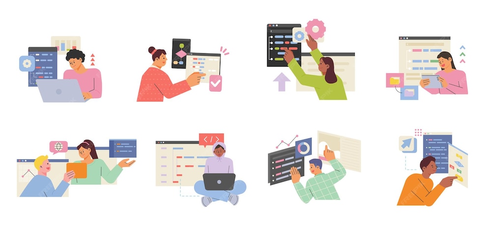 Premium Vector | Developers are coding programs on computers. a computer pop-up window floats ...