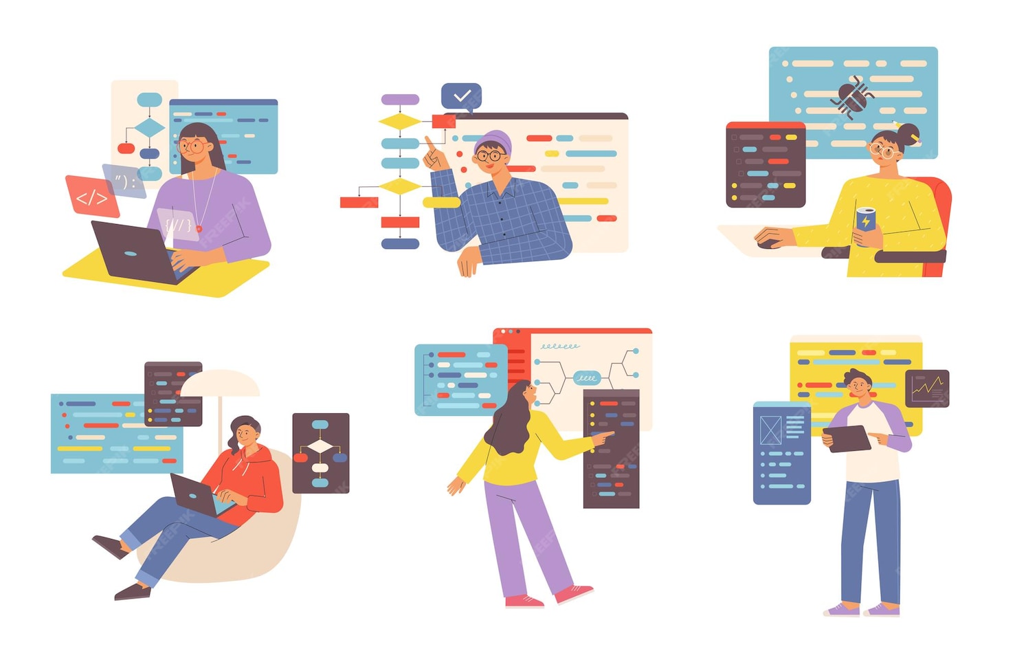 Premium Vector | Developers are coding programs on computers. A digital window is decorated ...