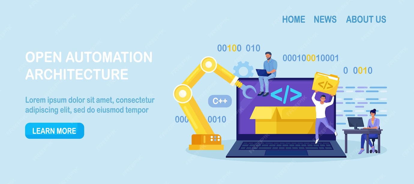 Premium Vector | Developers creating software script at computer with open robotic soft open ...