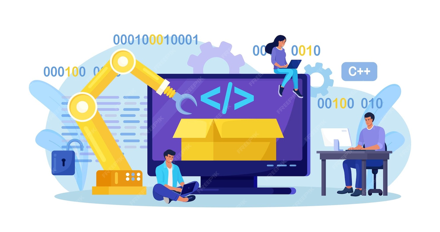 Premium Vector | Developers creating software script at computer with open robotic soft Open ...