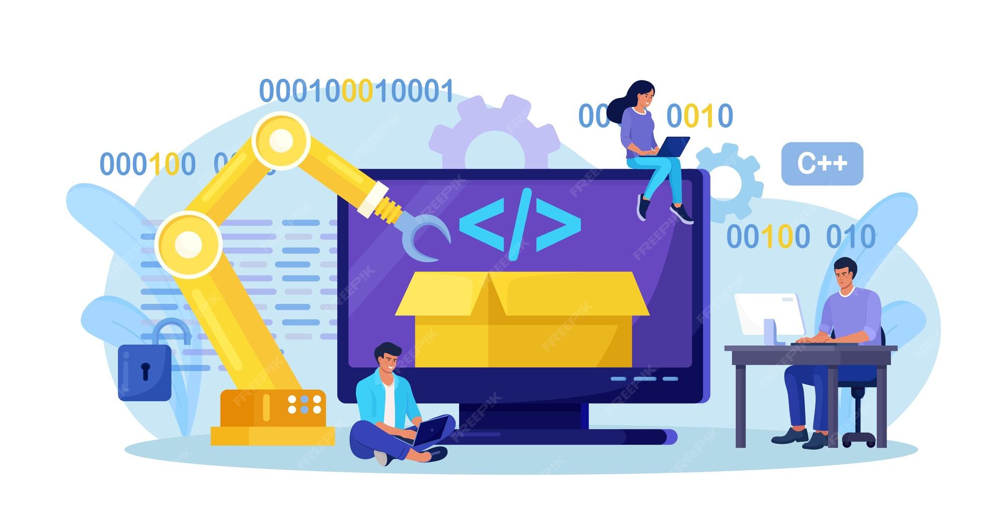 Premium Vector Developers Creating Software Script At Computer With Open Robotic Soft Open 