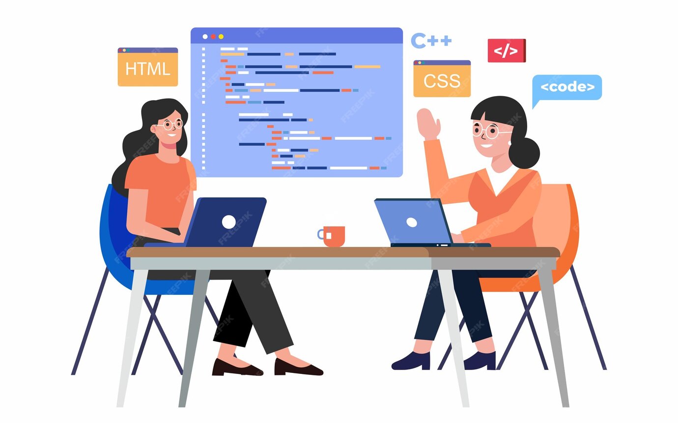 Premium Vector | Developers team writing program code, programming and development process concept.