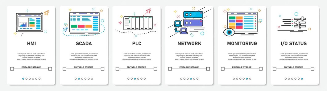디지털 메뉴 개발 Hmi Scada Plc 네트워크 모니터링 상태 웹사이트 모바일 앱 화면 프리미엄 벡터