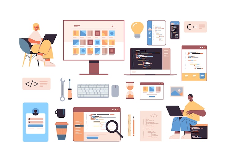 Premium Vector | Development of software and programming icons set with mix race web developers ...