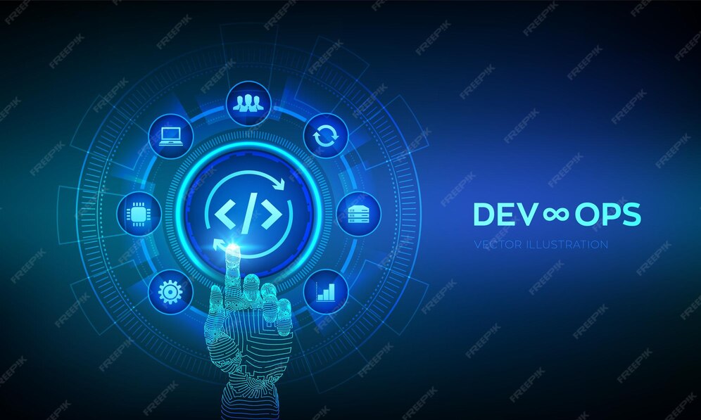 Devops 가상 화면의 애자일 개발 및 최적화 개념 소프트웨어 엔지니어링 소프트웨어 개발 사례 방법론 디지털 인터페이스를 만지는 로봇 손 벡터 그림 프리미엄 벡터
