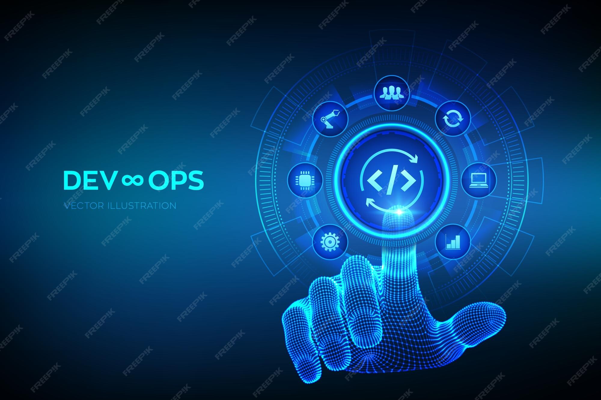 Devops 가상 화면의 애자일 개발 및 최적화 개념 소프트웨어 엔지니어링 소프트웨어 개발 사례 방법론 와이어프레임 손 터치 디지털 인터페이스 벡터 그림 프리미엄 벡터