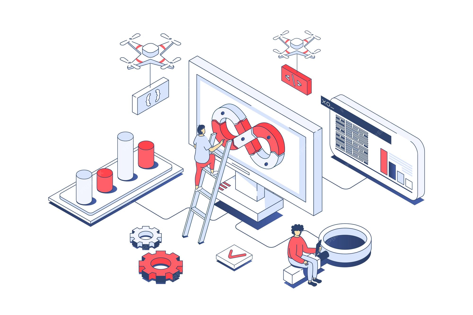 3d 아이소메트릭 디자인의 Devops 개념 제품 생성을 위한 민첩한 프로세스 및 프로그래밍 자동화 작업을 하는 개발자 팀 웹 그래픽용 아이소메트리 인력 장면이 포함된 벡터