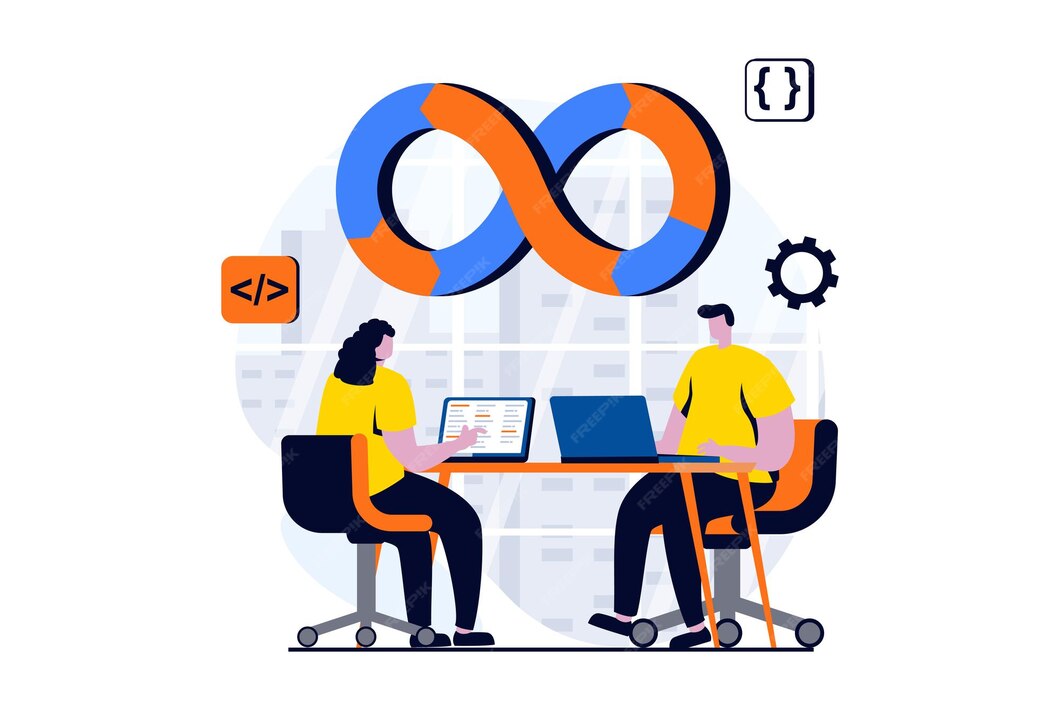 평면 만화 디자인의 사람들이 있는 Devops 개념 사무실의 랩톱에서 코딩 및 프로그래밍 앱을 개발하고 개발 작업을 연습하는 웹용 벡터 그림 시각적 스토리 프리미엄 벡터