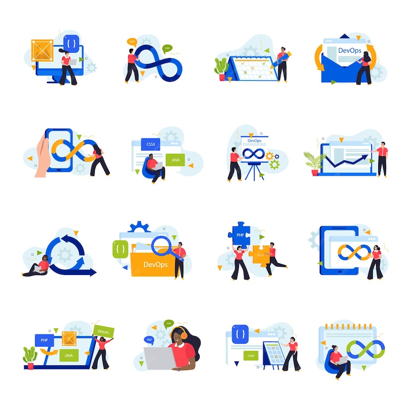 Premium Vector | Devops workflow flat icons set of working programmers ...