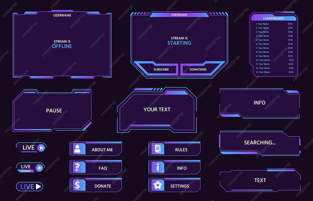 Premium Vector | Digital futuristic ui panels and buttons, game live stream. Neon HUD frames ...