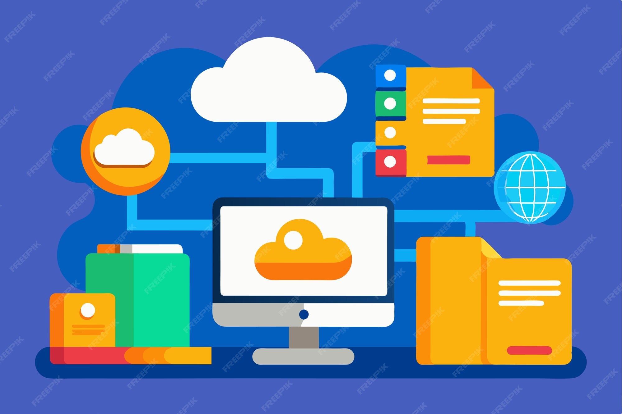 Digital storage icons with a computer and cloud showcasing organized ... Digital storage icons with a computer and cloud showcasing organized ...