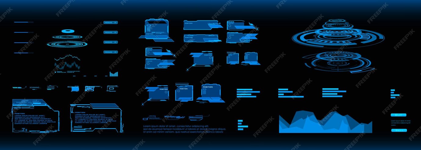 디지털 가상 미래형 사용자 인터페이스 Hud Gui 요소 세트가 있는 가상 패널 홀로그램 포털 대화 상자 프레임 및 패널