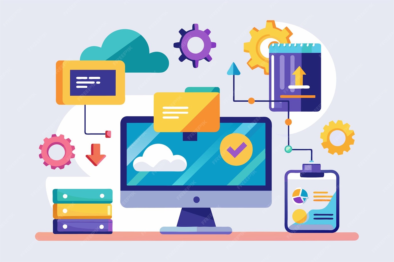 A digital workspace features a computer displaying sync and install software surrounded by tools ...