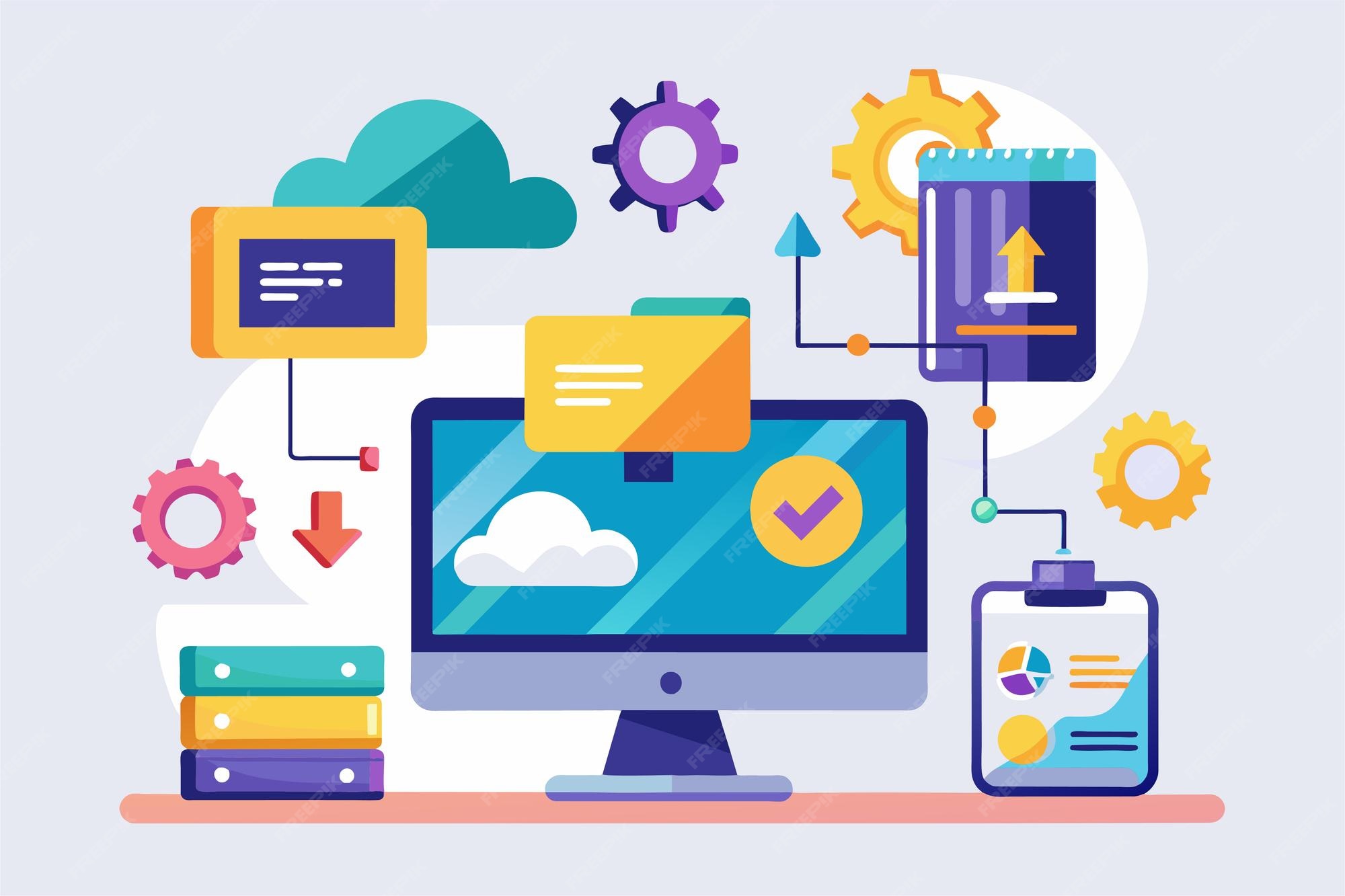 A digital workspace features a computer displaying sync and install ...
