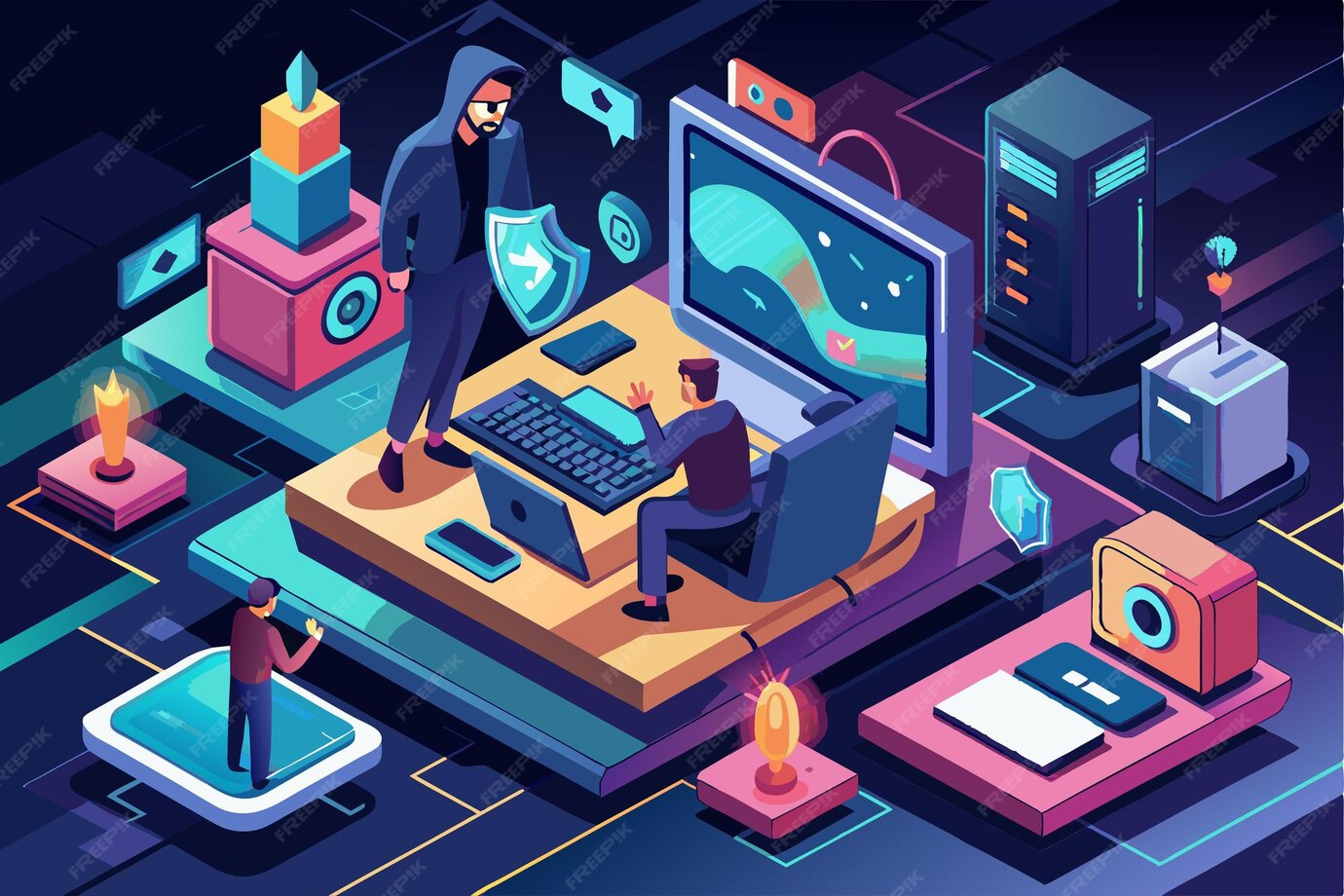 A digital workspace features a cyber attack simulation with characters actively engaged in ...