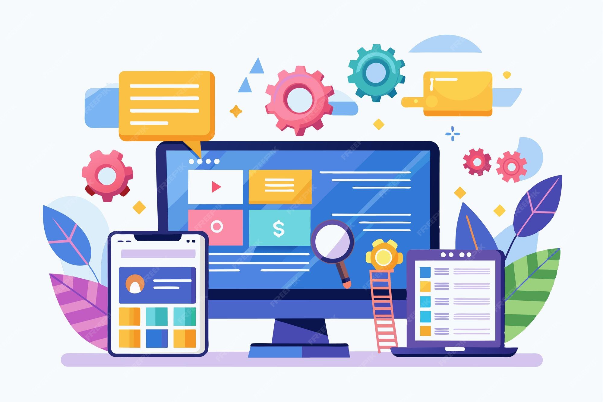 A diverse setup featuring computer screens and mobile devices focused on web programming ...