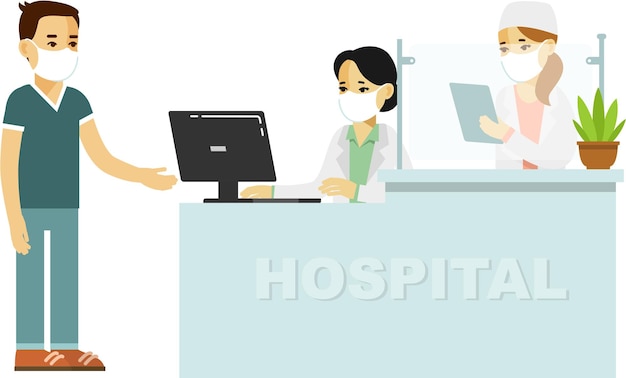 Premium Vector | Doctor, receptionist and patient in protective masks ... Premium Vector | Doctor, receptionist and patient in protective masks ...