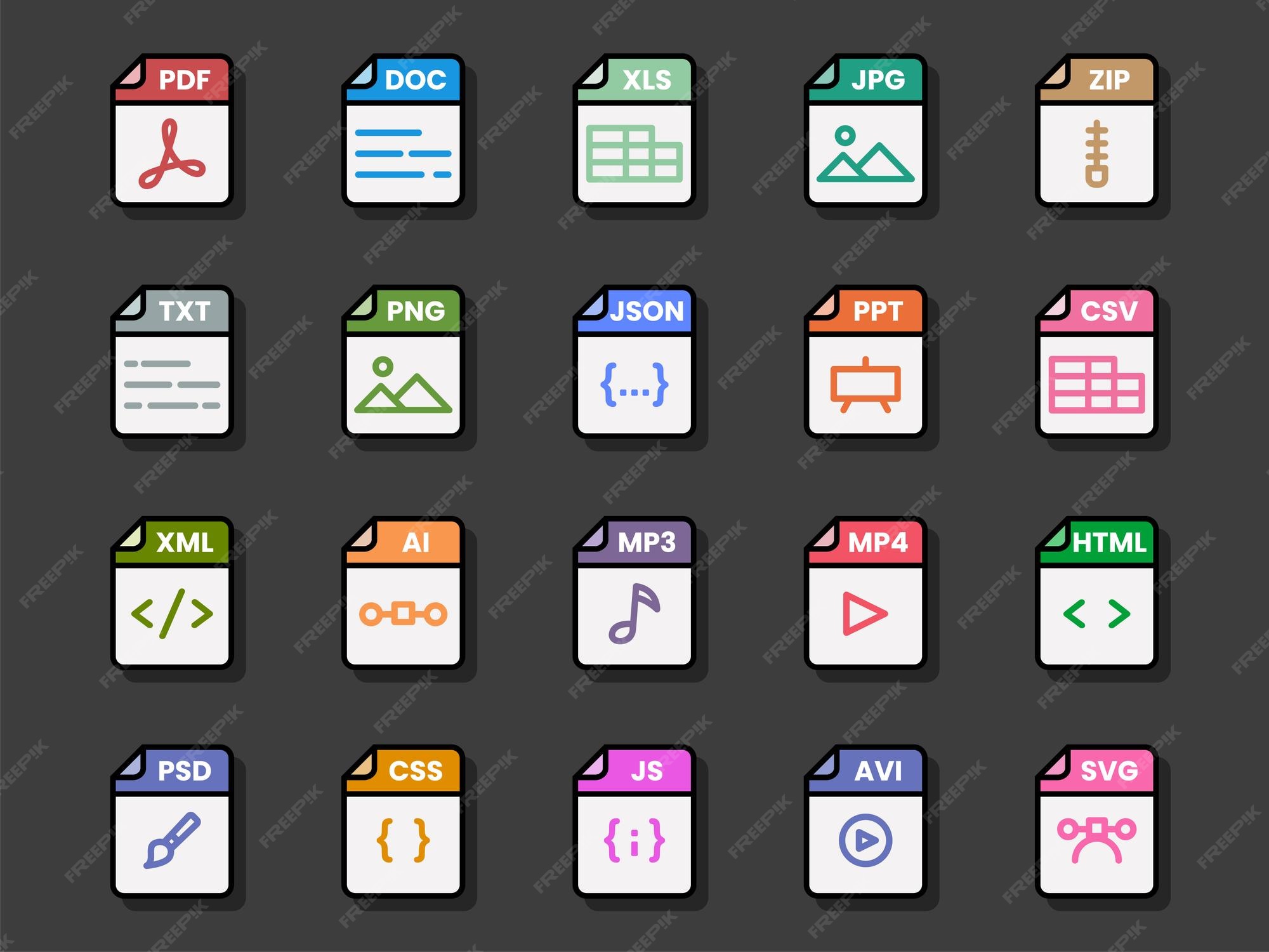 Premium Vector | Document file format folder pdf doc xls jpg zip txt png json ppt csv xml ai mp3 ...