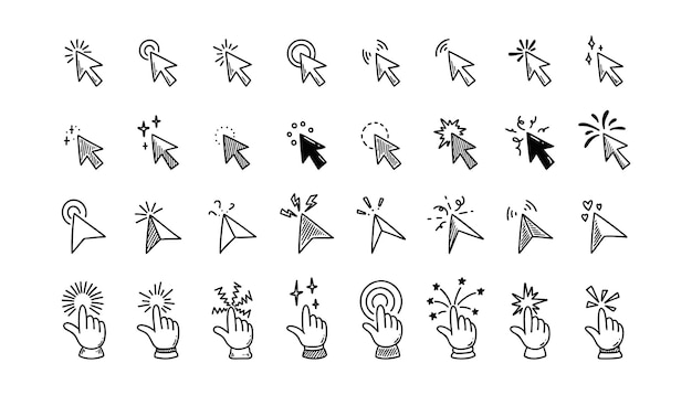 Premium Vector Doodle Click Icon Set Hand Drawn Mouse Cursor Press