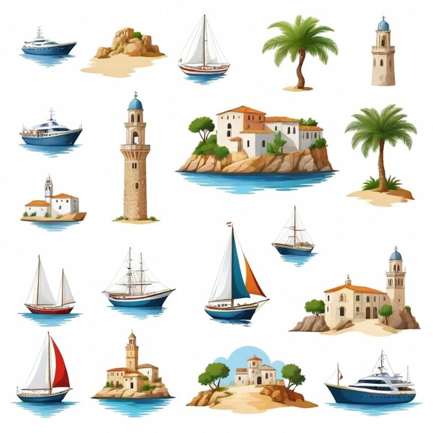 A Drawing Of A Beach With A Picture Of A Sailboat And A Building Premium Ai Generated Vector