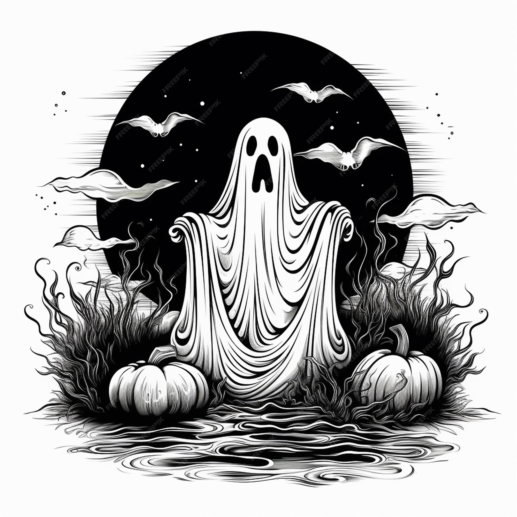 Premium Vector A Drawing Of A Ghost With A Moon And Clouds In The Background