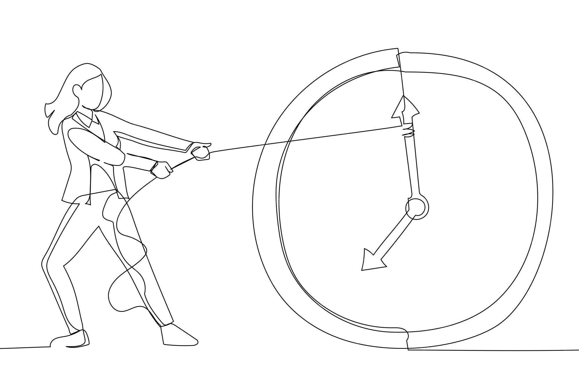 時間を遅くして時間を止めようとする実業家の絵 時間の比喩を止める 単線のアートスタイル プレミアムベクター