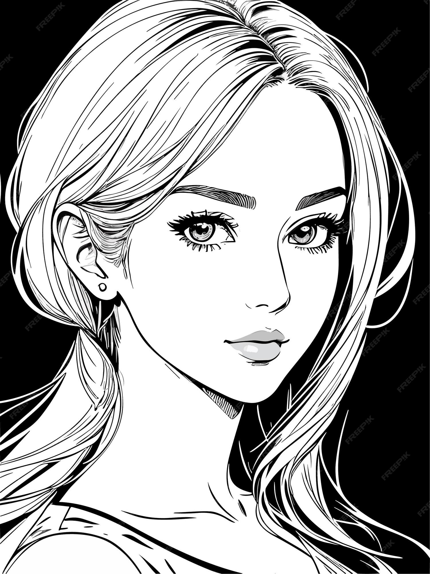 드로잉 스케치 아름다운 젊은 여성의 예술 손 그림 삽화 망가 예술 만화 스케치 프리미엄 벡터