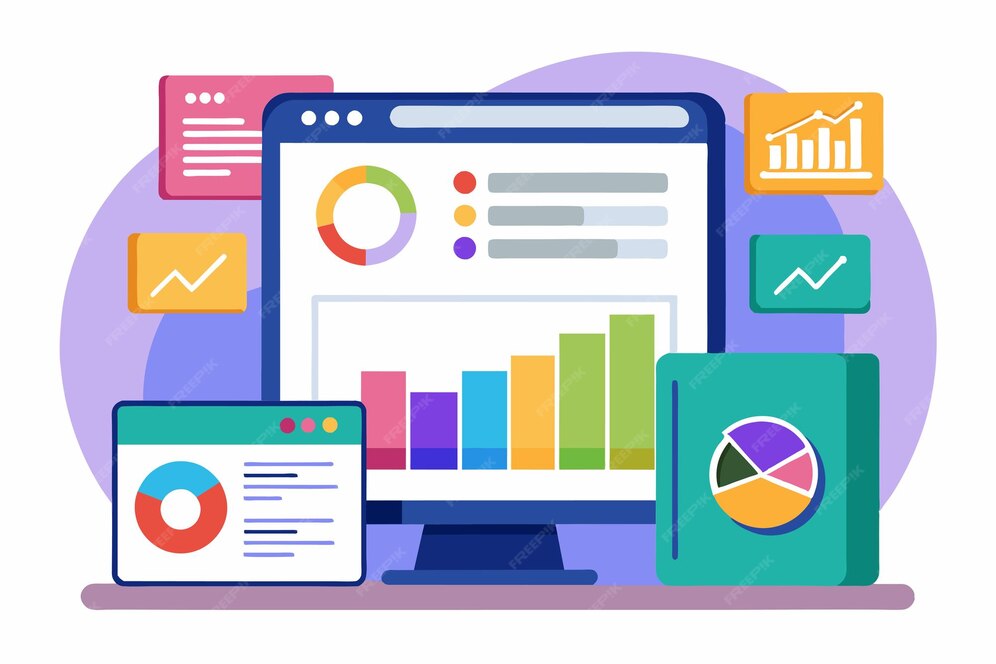A dualscreen setup displays colorful browser statistics and graphs ...