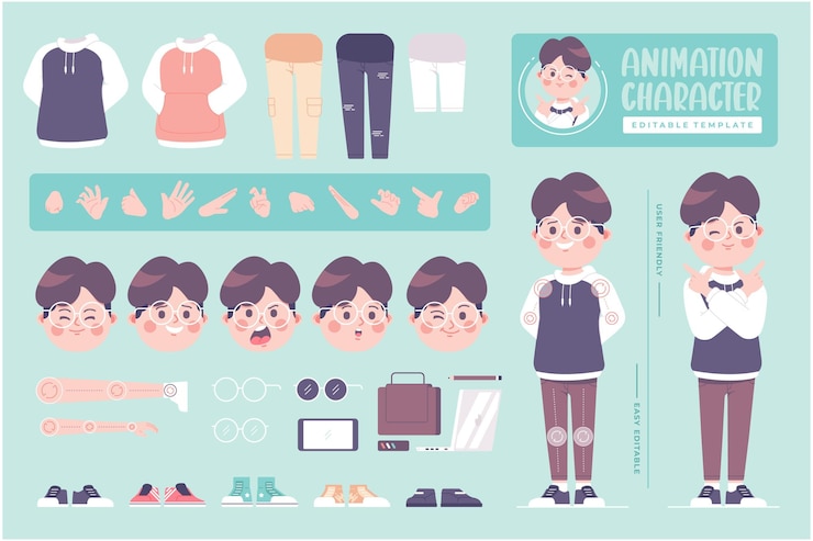 Premium Vector | Editable animation flat design geek boy character template Premium Vector | Editable animation flat design geek boy character template