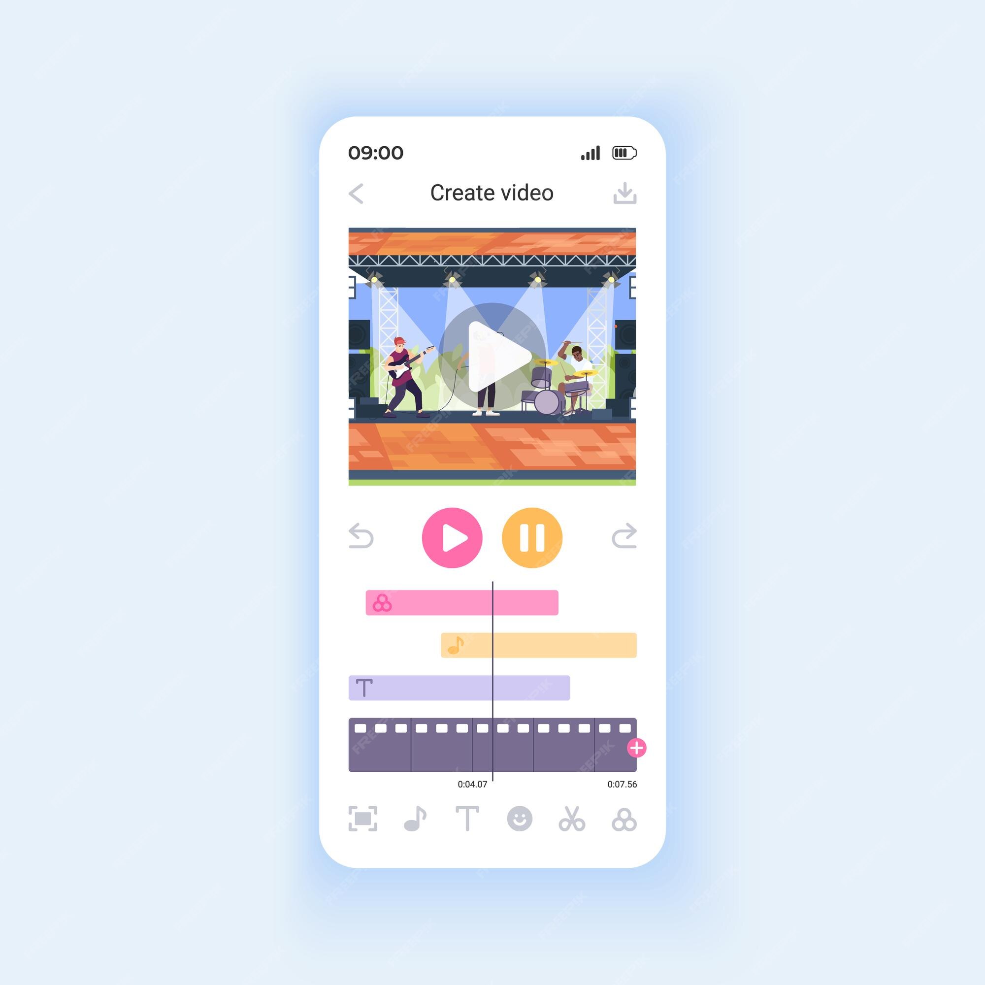 소셜 미디어 스마트폰 인터페이스 벡터 템플릿에 대한 비디오 파일 편집 모바일 앱 페이지 디자인 레이아웃입니다 효과 음악 및 텍스트를 클립 화면에 추가합니다 응용