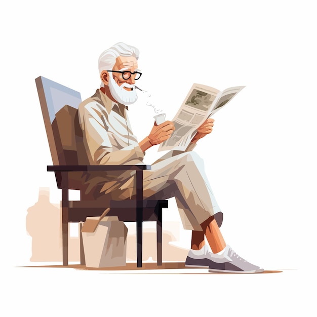 Premium Vector Elderly Man Sit In Chair Reading Newspaper
