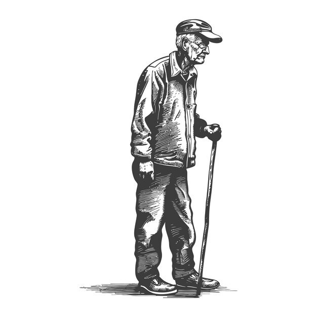 Premium Vector Elderly Man With Walking Stick With Engraving Style
