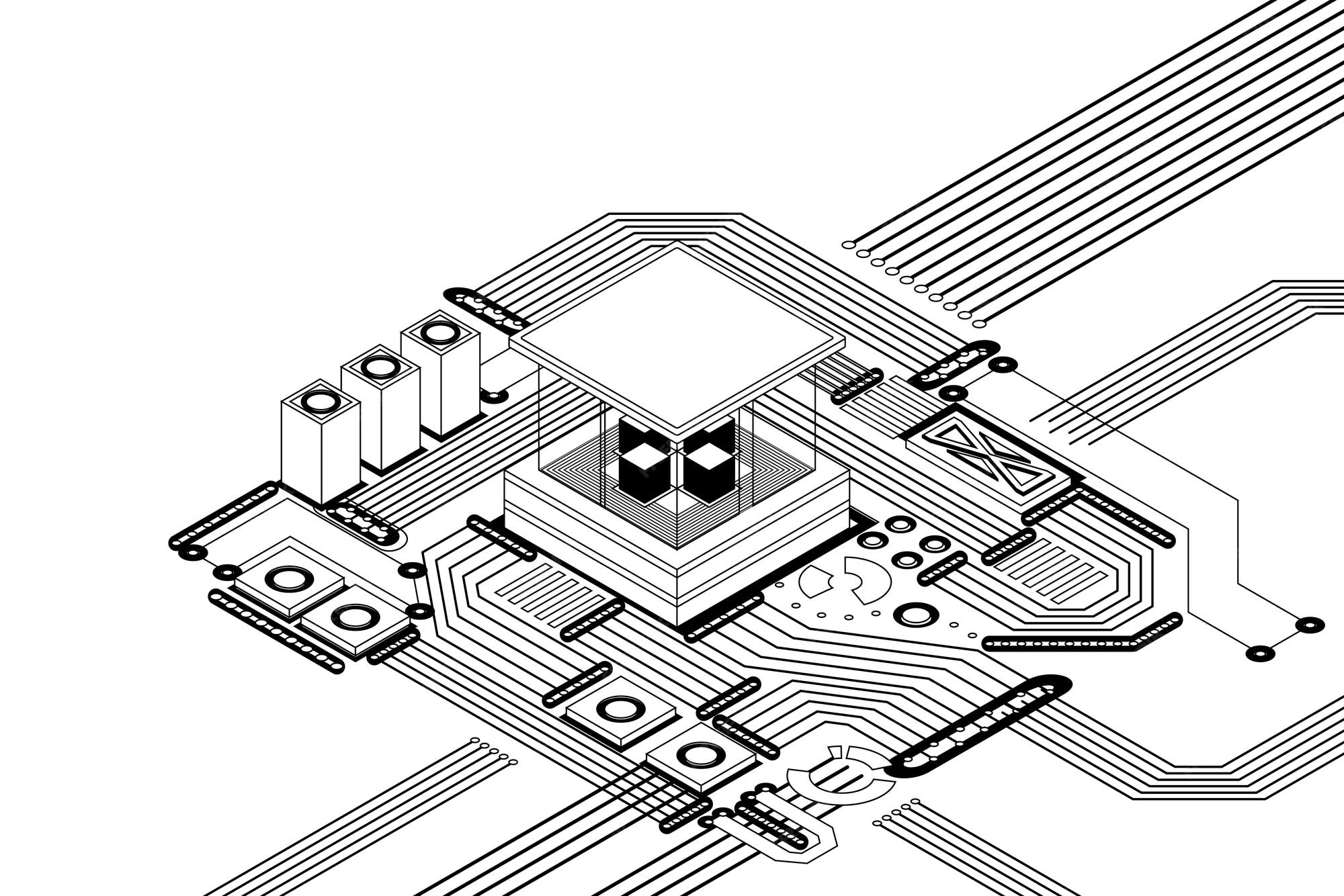 전자 Cpu 디지털 칩 흑백 마더보드 또는 회로 기판의 프로세서 및 전자 부품 마이크로칩 또는 마이크로프로세서 하드웨어 엔지니어링 Ai 블록체인 기술 아이소메트릭 프리미엄 벡터