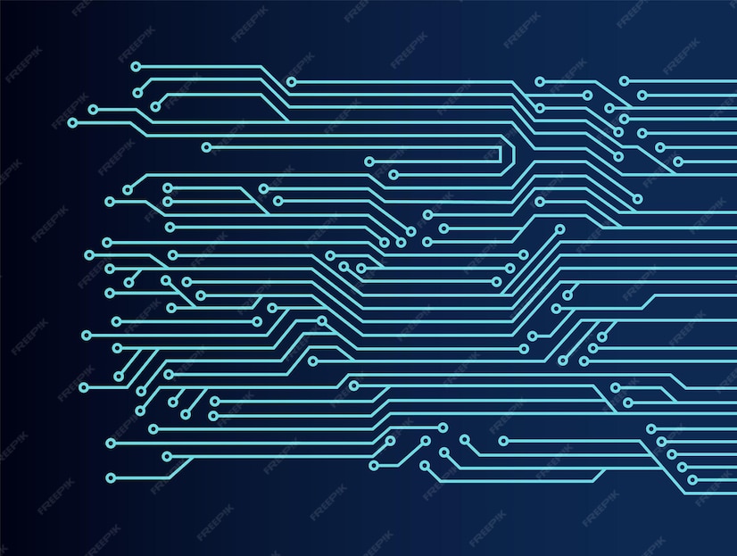 전자 기판 첨단 디지털 데이터 연결 시스템 개념 회로 공학 기술 컴퓨터 전자 인쇄 회로 기판 미세 회로 설계 프리미엄 벡터