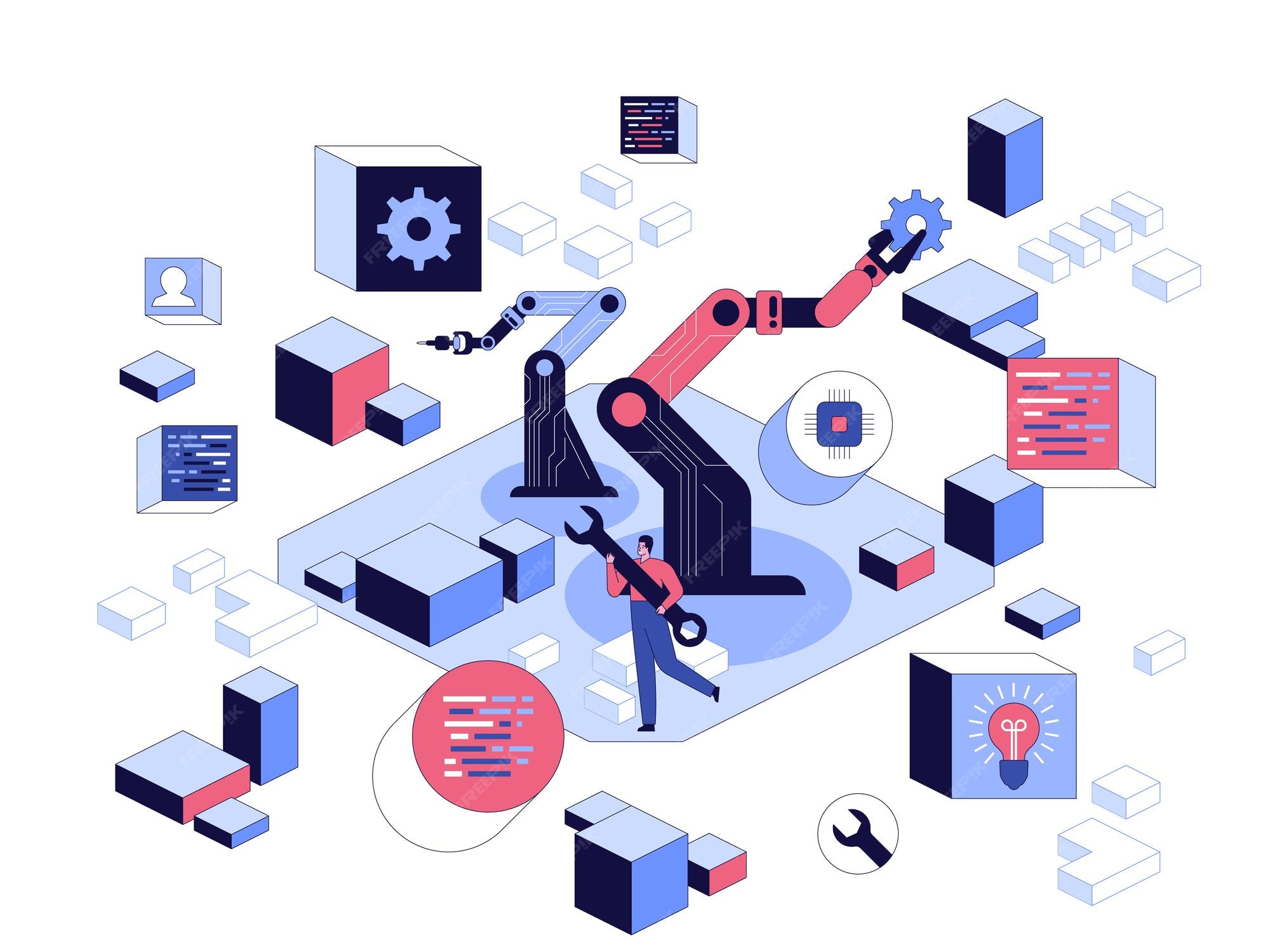 Premium Vector | Engineer at project development program software Man programmer holding wrench ...