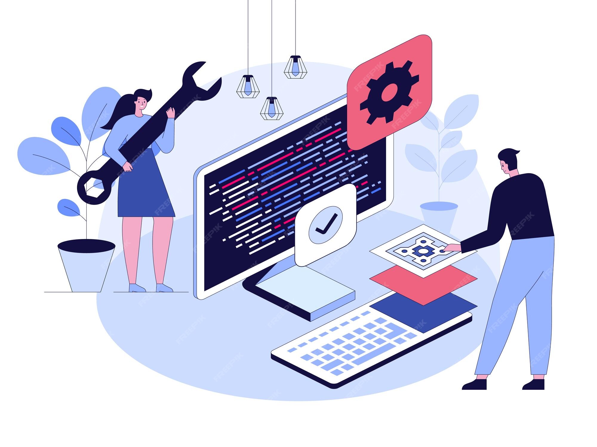 Premium Vector | Engineer team programming at huge laptop and testing ...