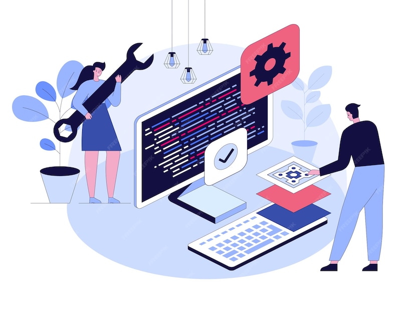 Premium Vector | Engineer team programming at huge laptop and testing ...