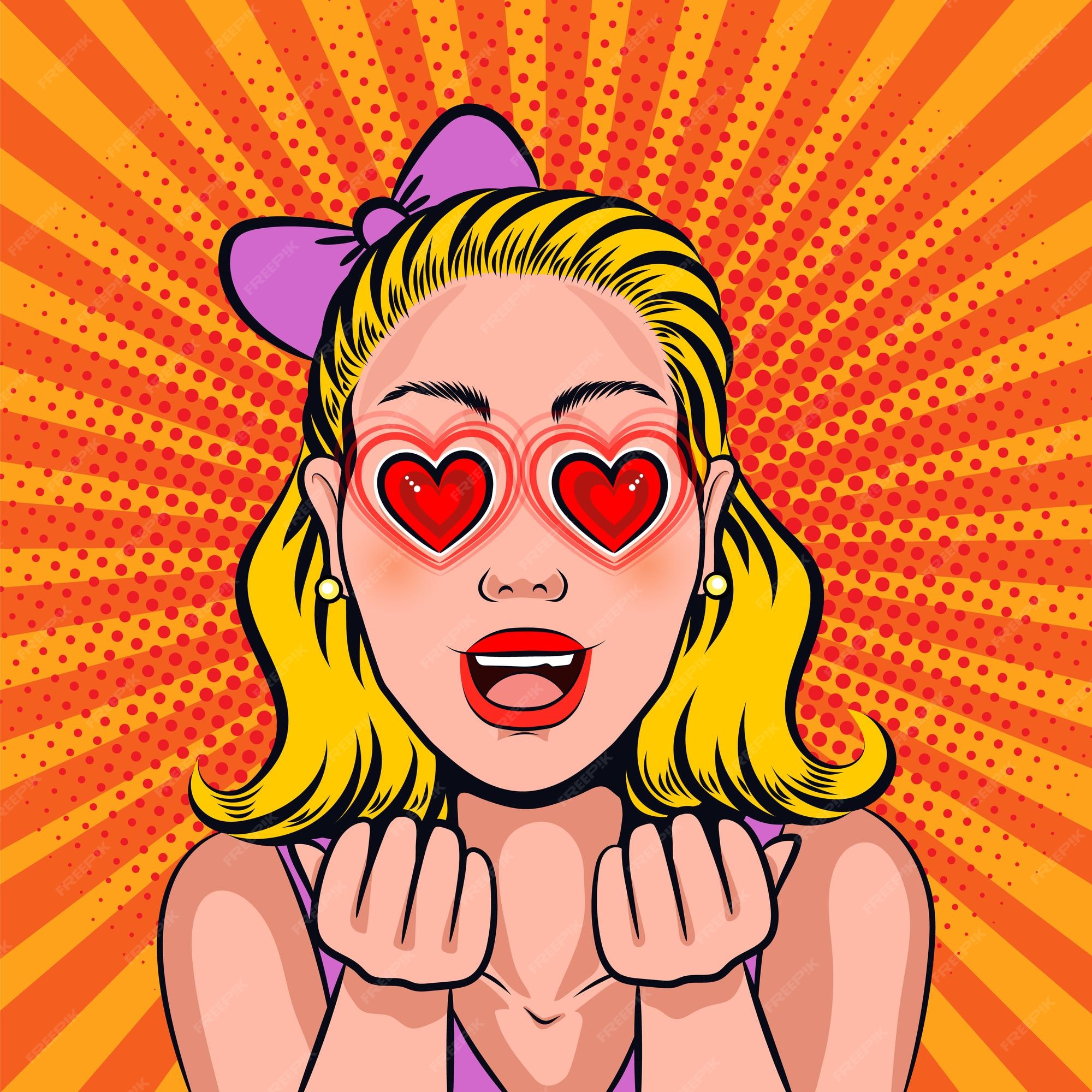 Premium Vector Excited Woman Face With Open Mouth And Heart Eyes In Pop Art Style
