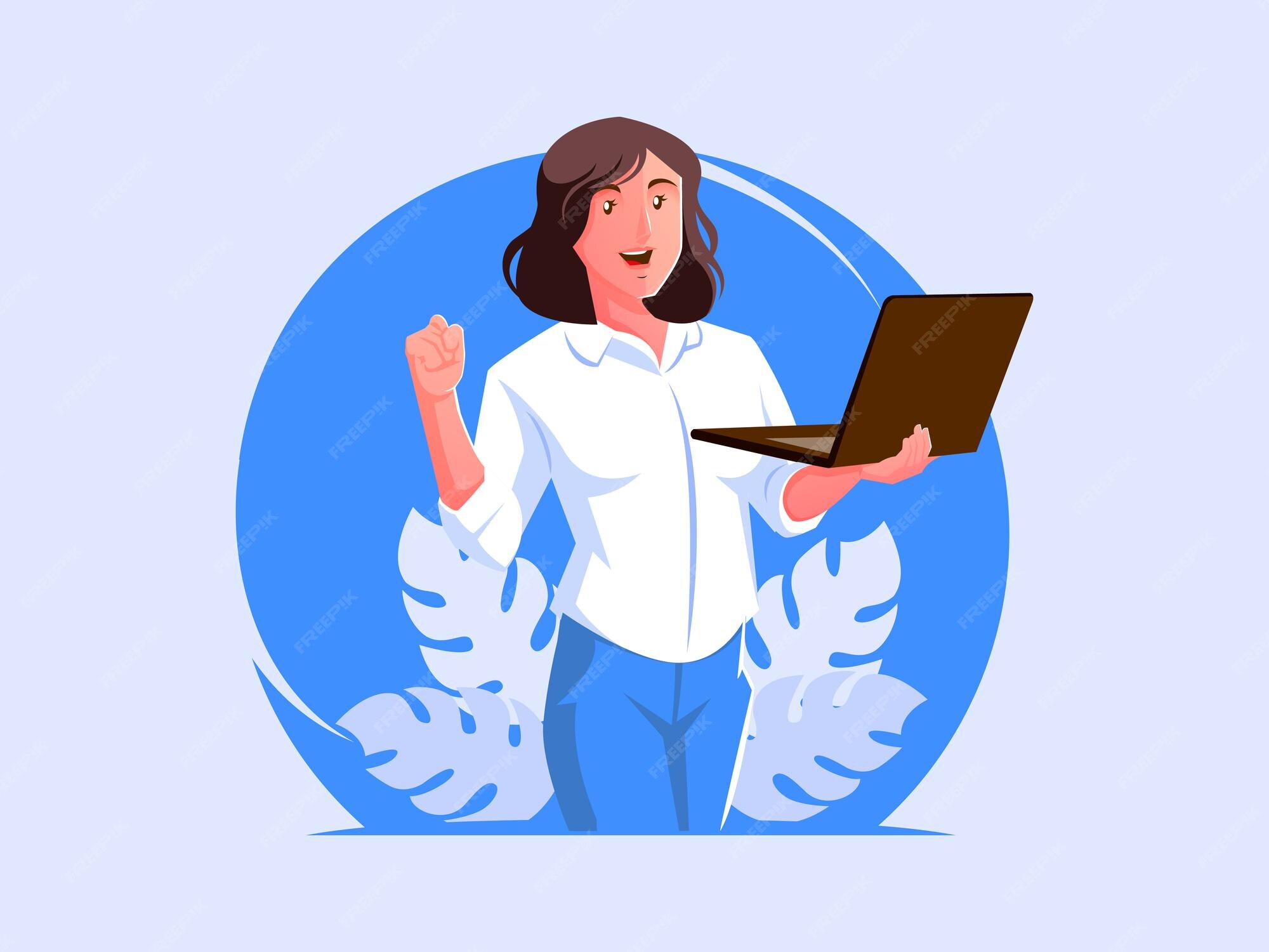 Premium Vector | Excited woman working using laptop Premium Vector | Excited woman working using laptop