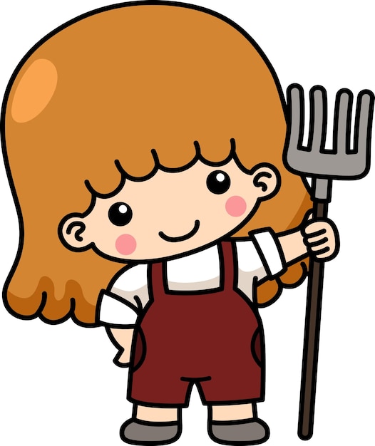 働く準備ができているフォークを保持している農夫の女の子 プレミアムベクター