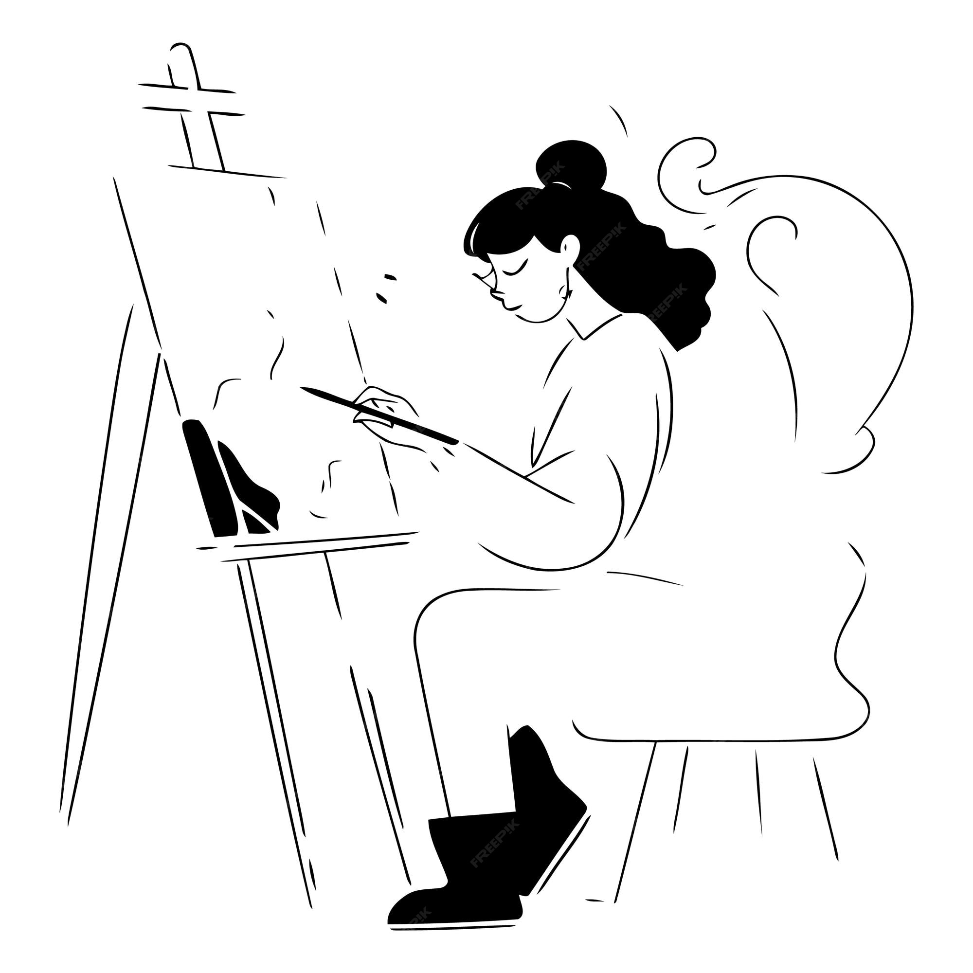 Premium Vector Female Artist Drawing Picture On Easel Woman Sitting
