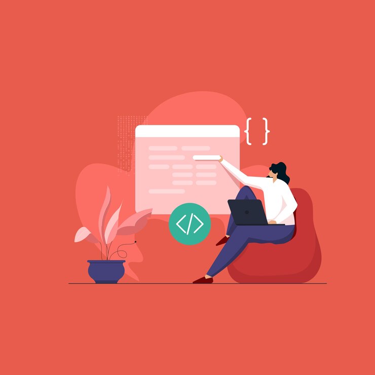 Premium Vector | Female it developer at workplace programmer working on ...