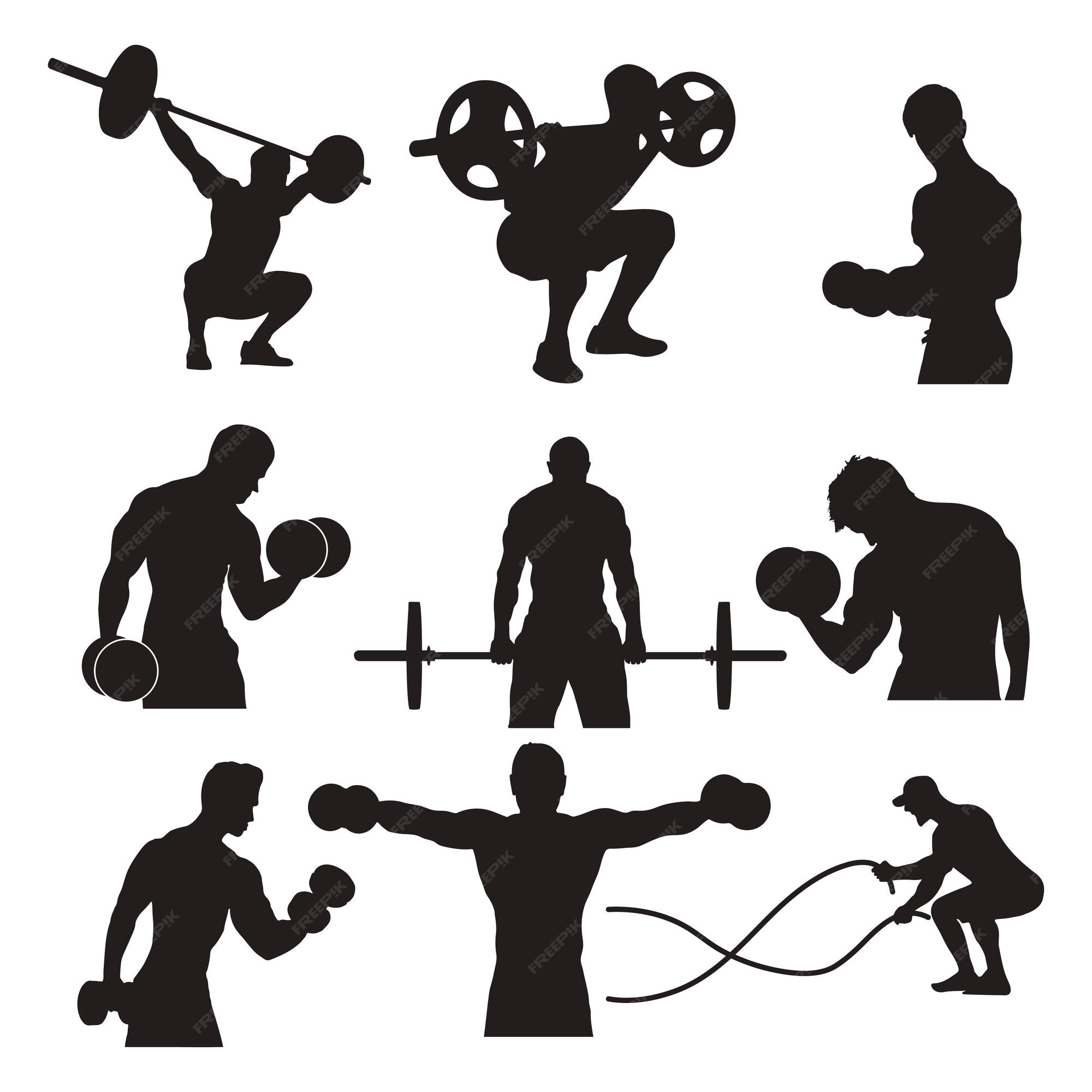 Premium Vector | Fitness man gym silhouettes, exercise silhouettes in ... Premium Vector | Fitness man gym silhouettes, exercise silhouettes in ...