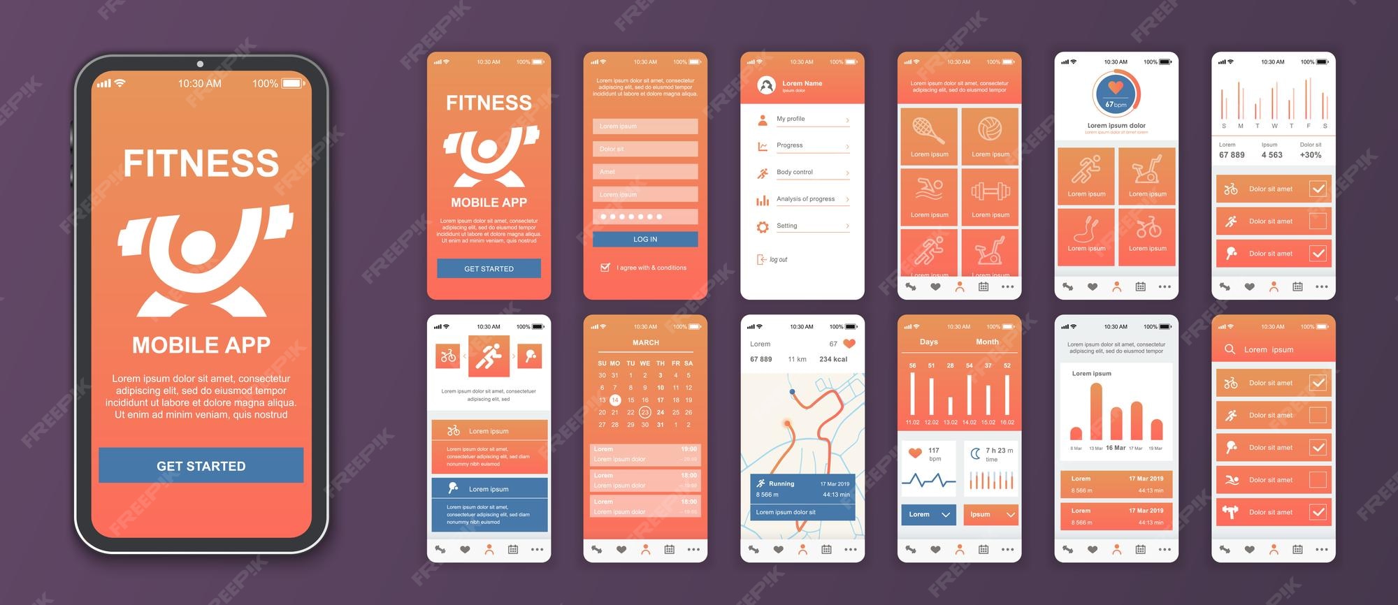 Premium Vector | Fitness mobile app interface screens template set ...