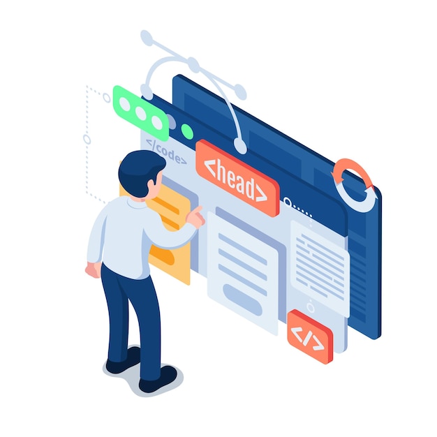 플랫 3d 아이소메트릭 사업가 또는 웹 개발자 디자인 웹사이트 인터페이스 웹 Ux Ui 디자인 및 소프트웨어 개발 개념 프리미엄 벡터