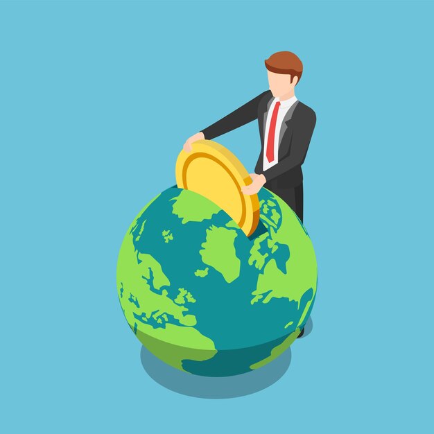 Premium Vector | Flat 3d isometric businessman put golden coin into the ... Premium Vector | Flat 3d isometric businessman put golden coin into the ...