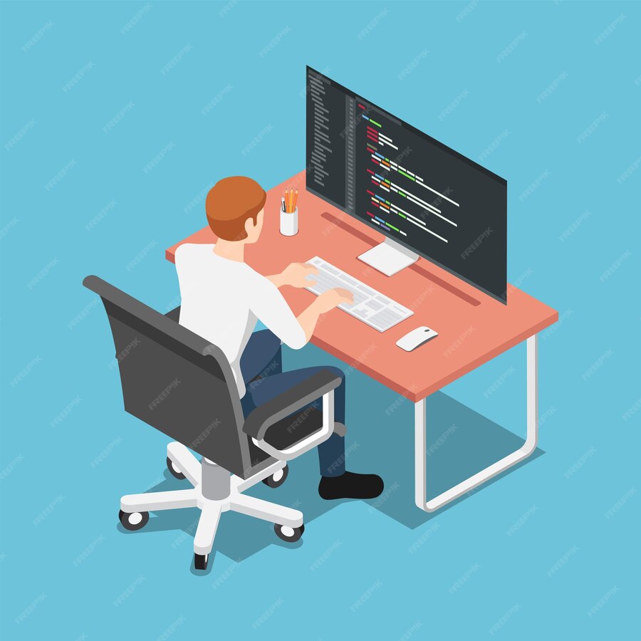 Premium Vector | Flat 3d isometric software developer or programmer ...