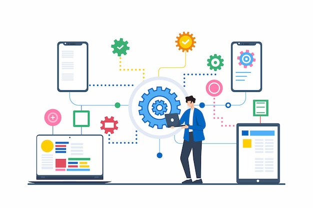 Premium Vector Flat Illustration Of Developer Integrating Apis For