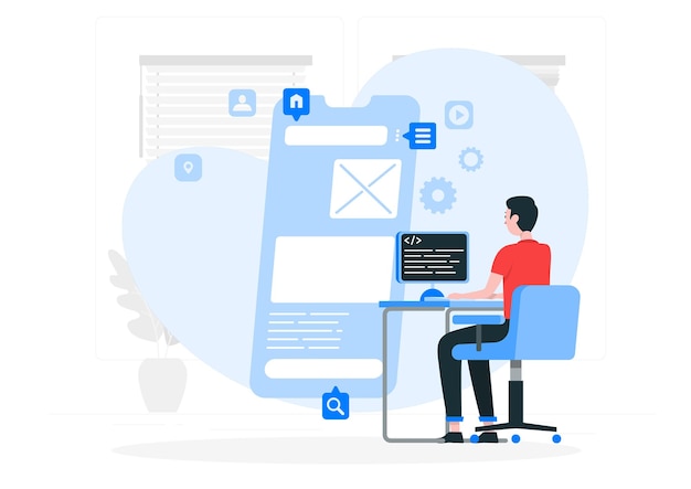 Premium Vector | Flat illustration of website software development boy working on app ...