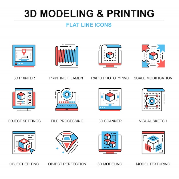 Premium Vector | Flat line 3d printing and modeling icons concepts set Premium Vector | Flat line 3d printing and modeling icons concepts set